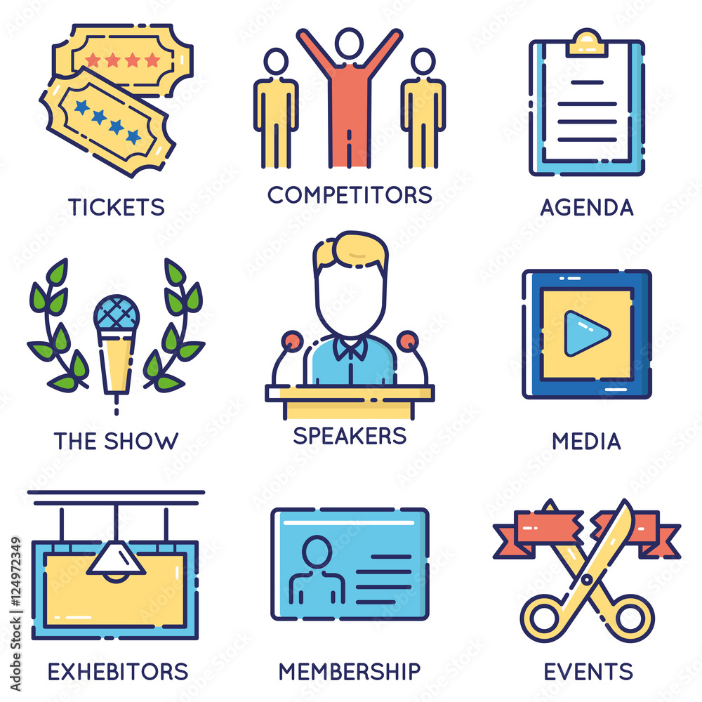 Vector modern stylish flat linear icons set of event management, event ...
