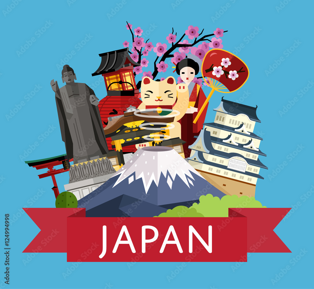 Japan travel poster with girl in traditional kimono, torii gate ...