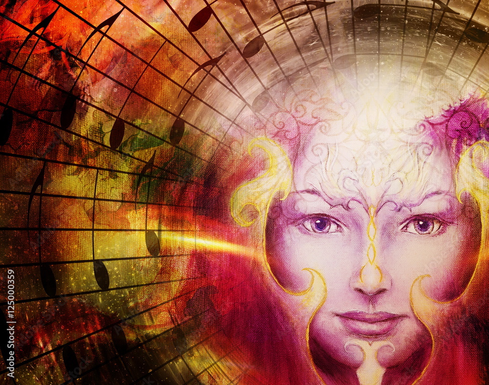 beautiful face of mystical being with music notes, symbol of the muse ...