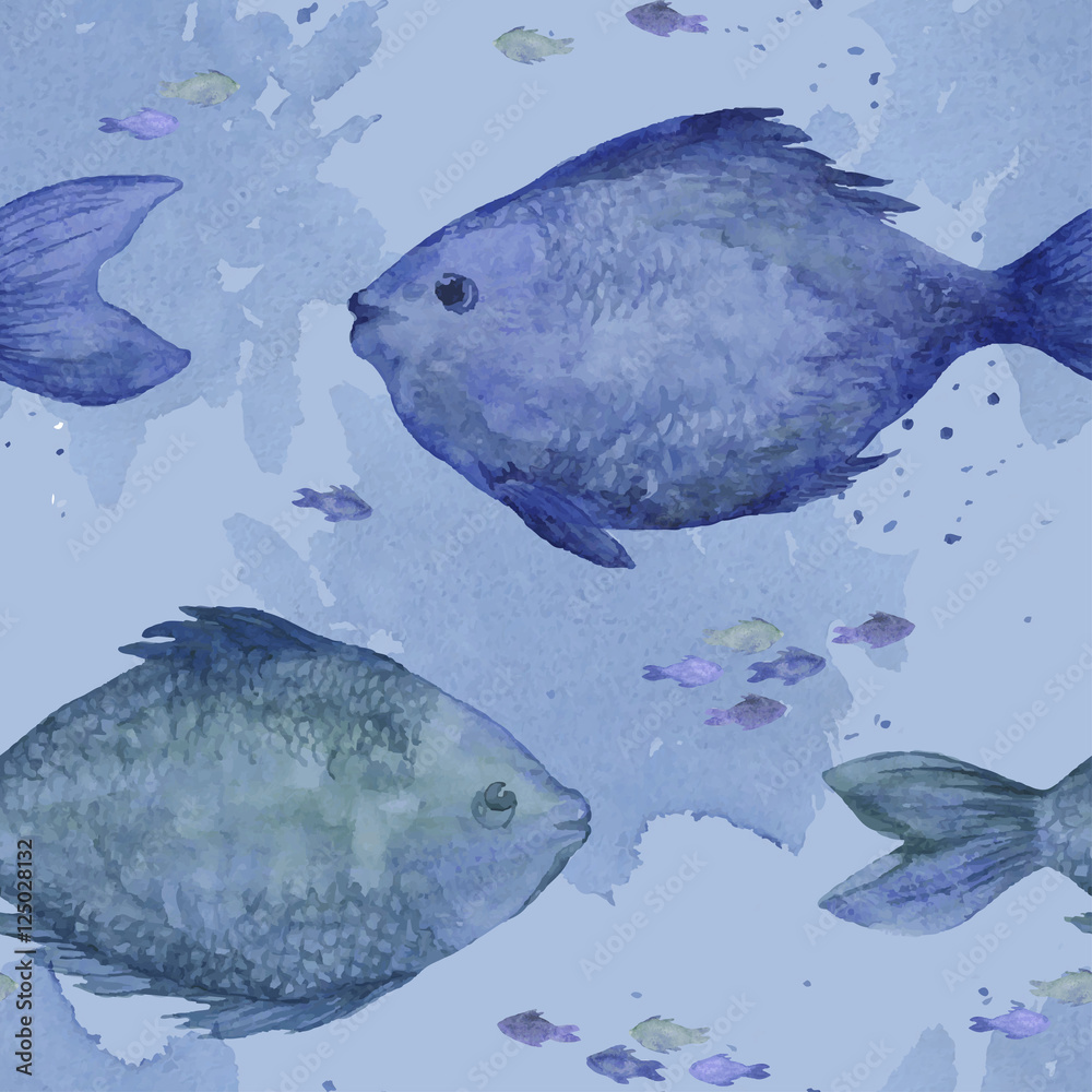 Blue watercolor fish seamless. Watercolor hand-drawn wallpaper. Vector ...