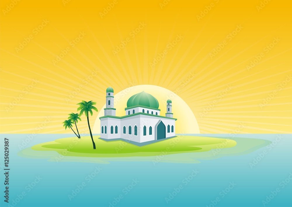 Islamic cartoons, with mosque and beautiful natural scenery Stock ...