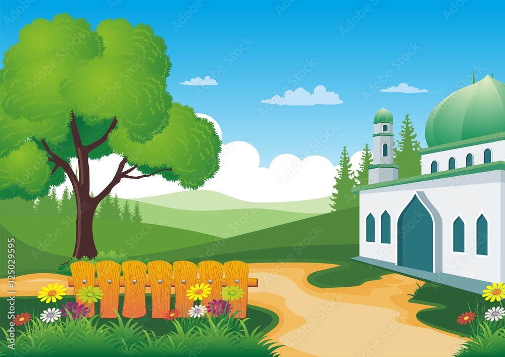 Islamic cartoons, with mosque and beautiful natural scenery Stock ...