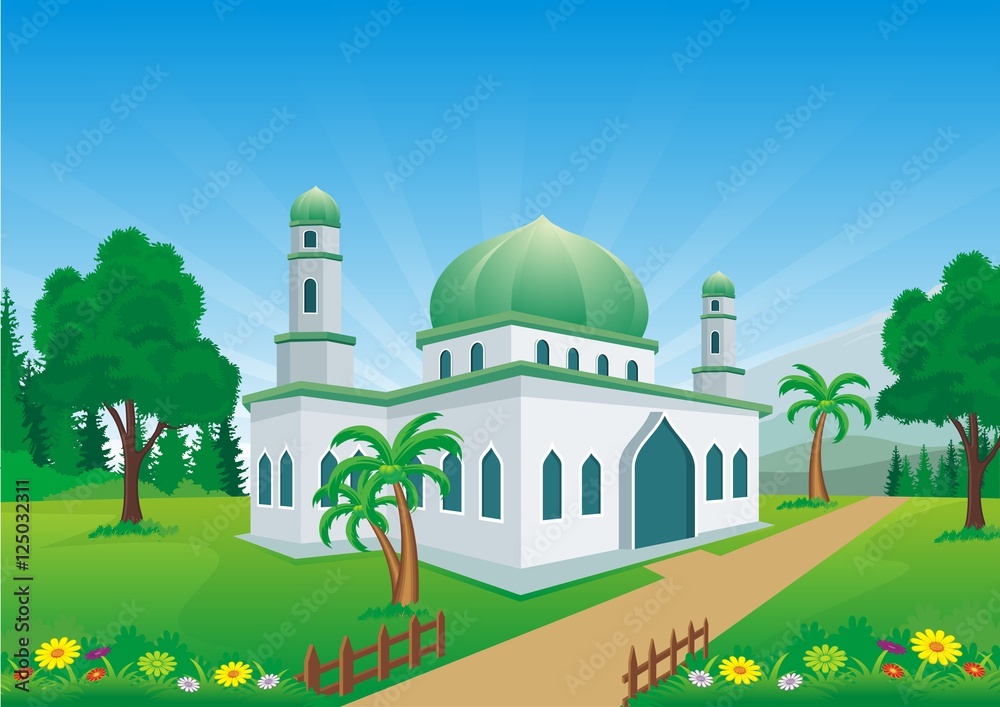 Islamic cartoons, with mosque and beautiful natural scenery Stock ...