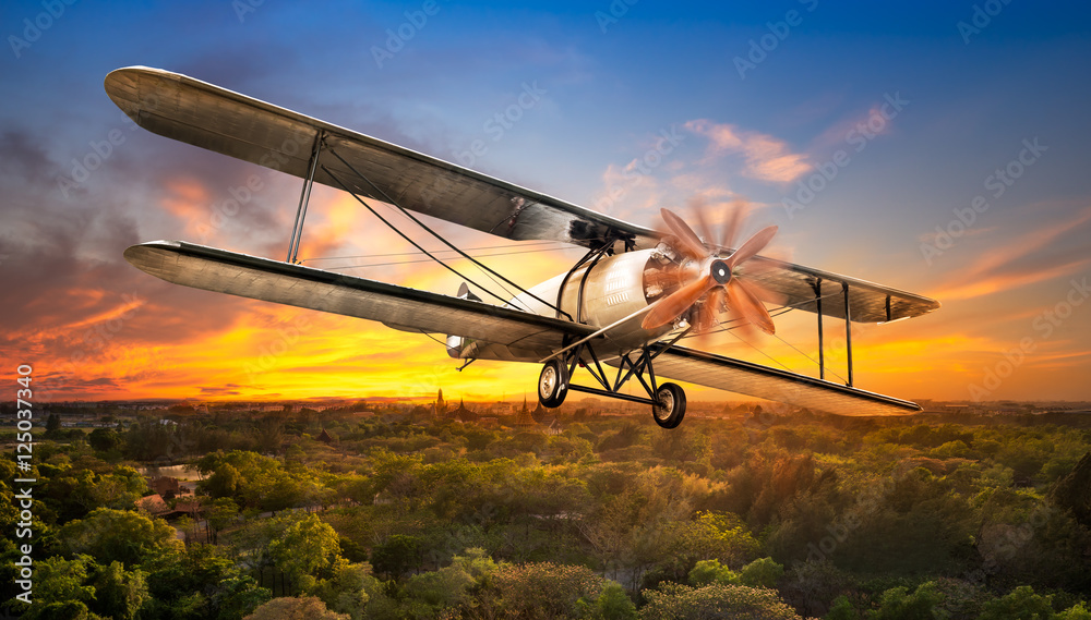 Ancient airplane over rural scene Stock Photo | Adobe Stock