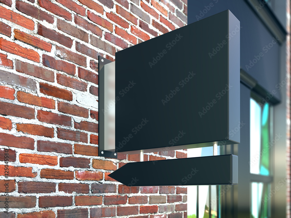 Hanging wall sign mockup, square billboard on the brick wall with arrow ...