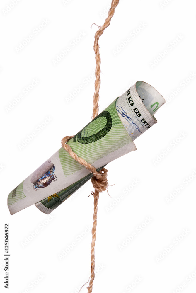 Shoestring budget euro. string or twine tied in a bow isolated on white ...