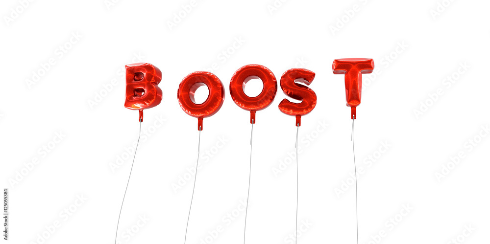 BOOST - word made from red foil balloons - 3D rendered. Can be used for ...