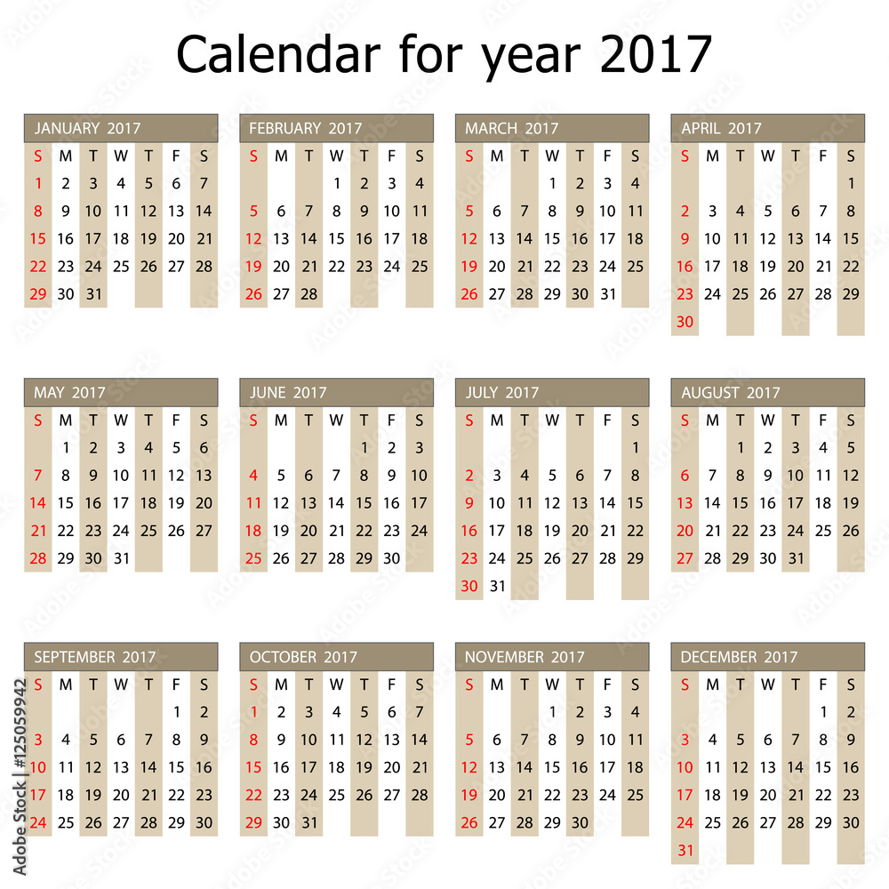 Calendar for year 2017 - week starts with Sunday, isolated on white ...