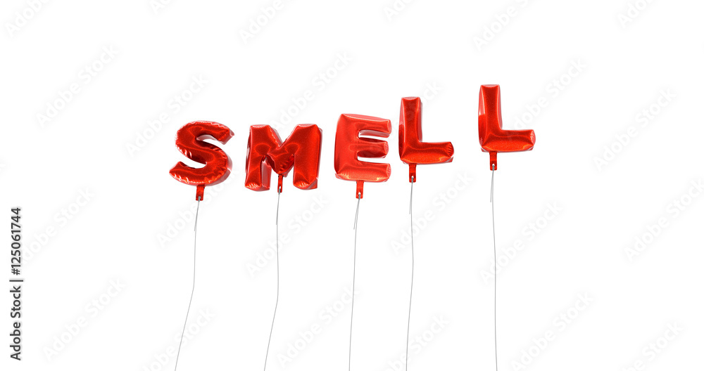 SMELL - word made from red foil balloons - 3D rendered. Can be used for ...