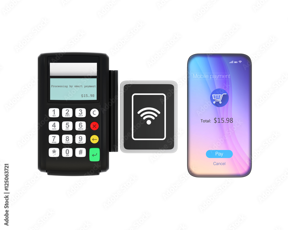 Smart phone and credit card reader with nfc scanner isolated on white ...