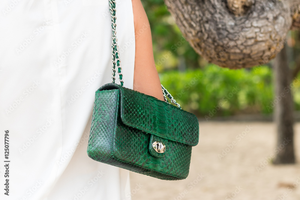 Beautiful Summer Woman with sunglasses and luxury handmade snakeskin ...