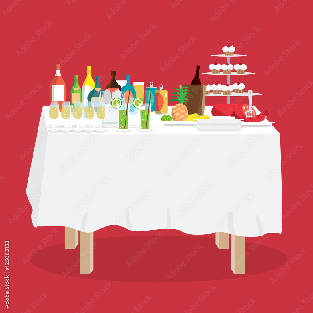 Buffet table with food and drinks. Cartoon style vector illustra vector ...