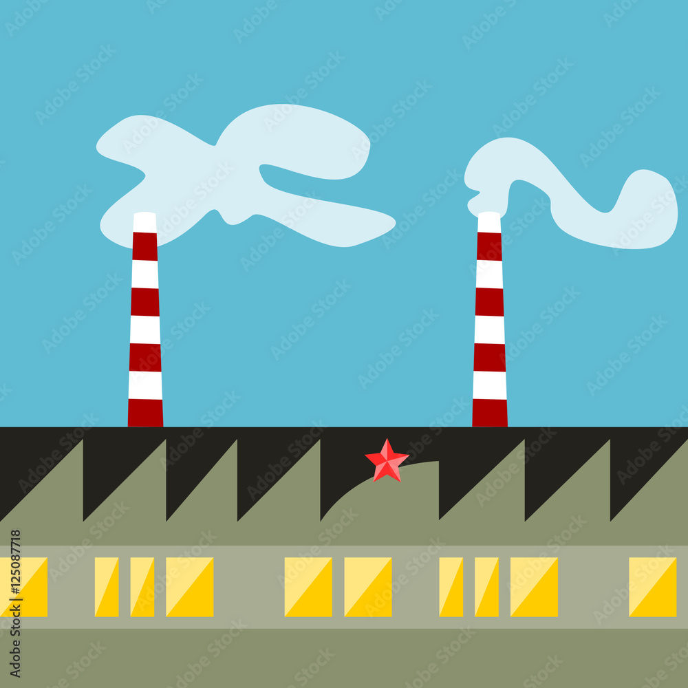 Edging, factory with red white striped smoking chimneys, pentagram ...