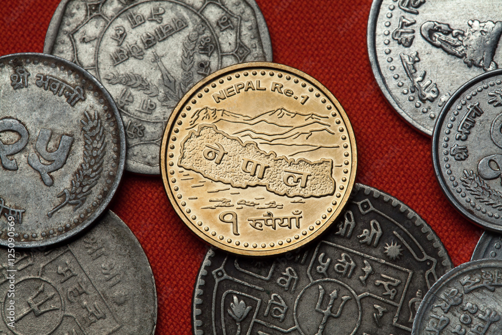 Nepalese coins. Map of Nepal and the Himalayas Stock Photo | Adobe Stock