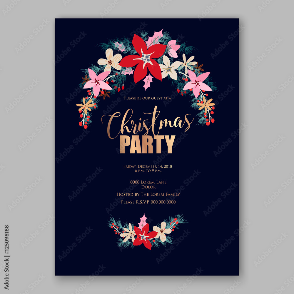 Merry Christmas party invitation with winter wreath. Pine, poinsettia ...
