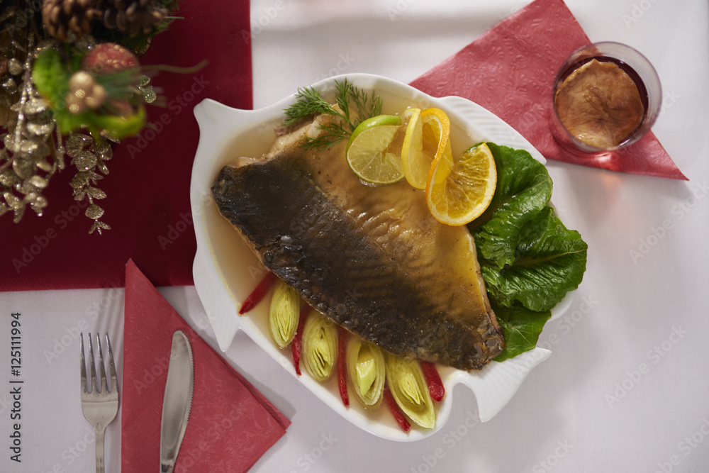 Traditional Polish fish on the table. Stock-Foto | Adobe Stock