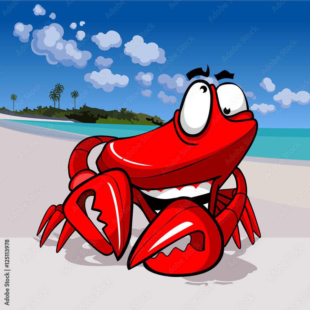 cartoon funny happy crab on the tropical coast Stock Vector | Adobe Stock