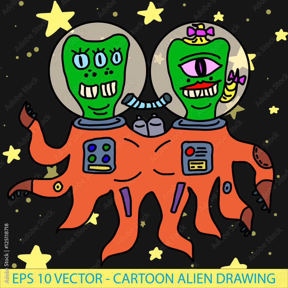 Crazy funny, whacky alien type illustration in space. Original h Stock ...