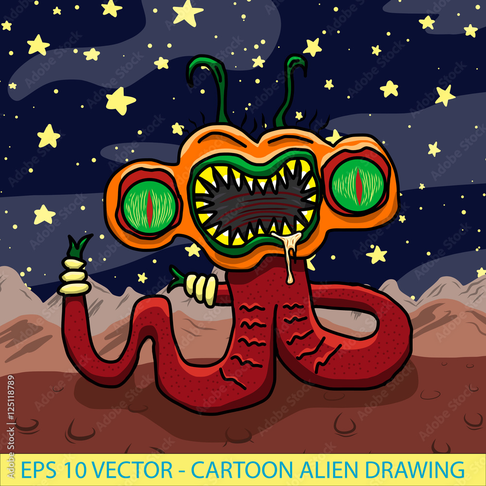 Crazy funny, whacky alien type illustration in space. Original h Stock ...