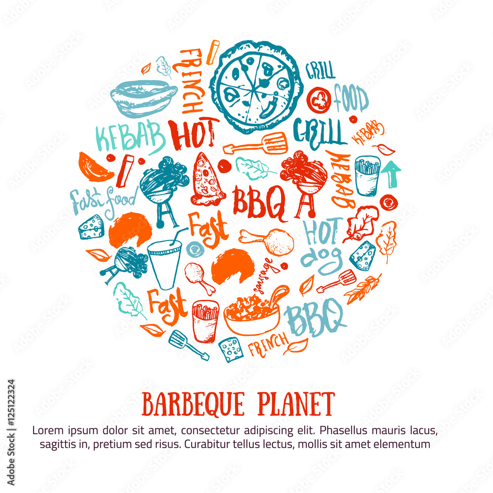 BBQ design element in shape of circle Doodle hand-drawn poster with ...