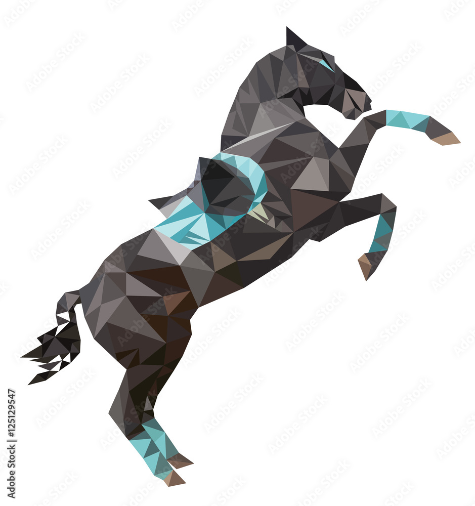 Isolated polygon dark sport horse rearing up with saddle. Vector ...