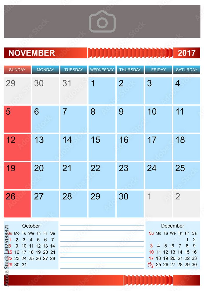 Calendar for November 2017. Sunday first Stock-Vektorgrafik | Adobe Stock