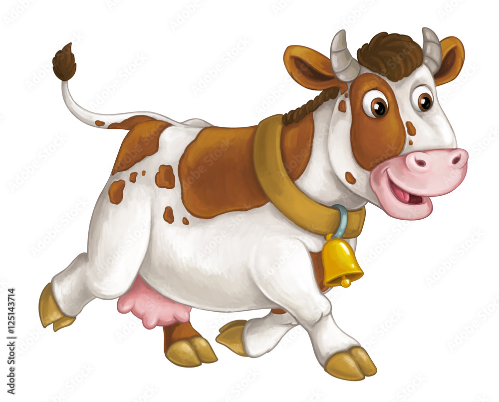 Cartoon happy farm animal - cheerful cow is running smiling and looking ...