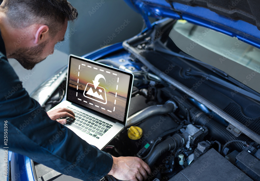 Mechanic Using Laptop Mockup Stock Template | Adobe Stock