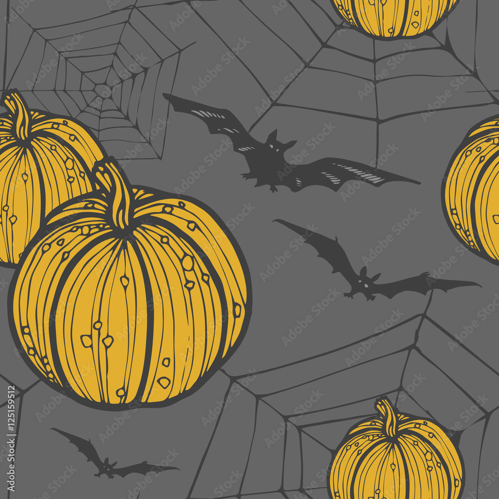 Hand drawn seamless halloween background with pumkin, bat and web ...