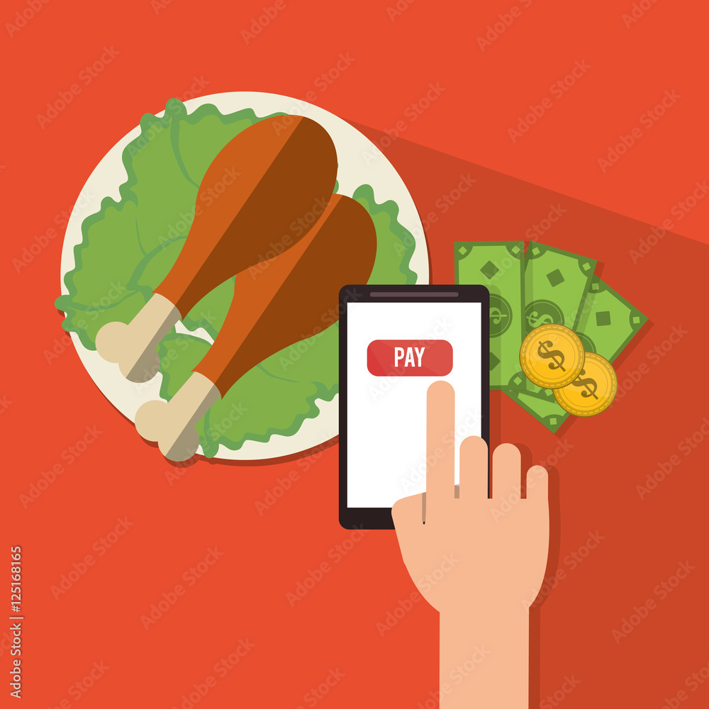 Chicken smartphone and money icon. Fast food menu restaurant and market ...