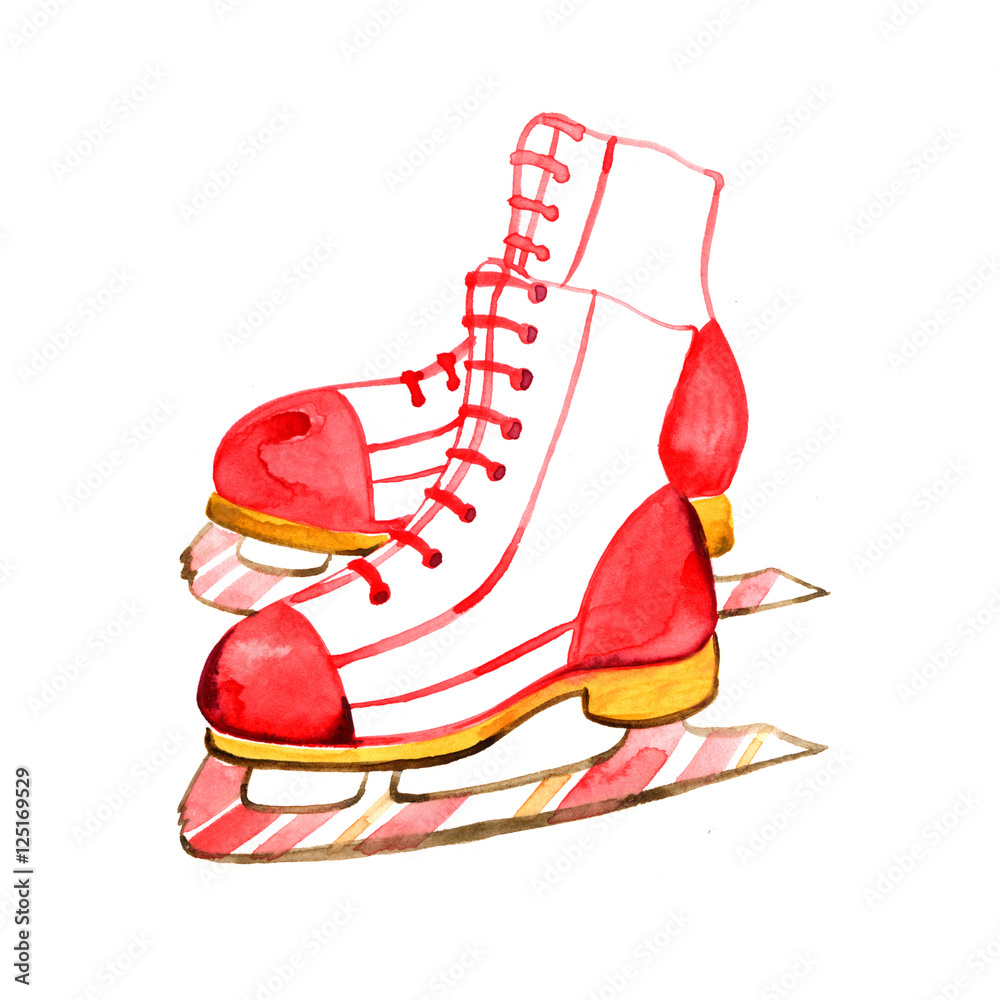 Watercolor winter holidays card with ice skates cartoon sketch. Stock ...