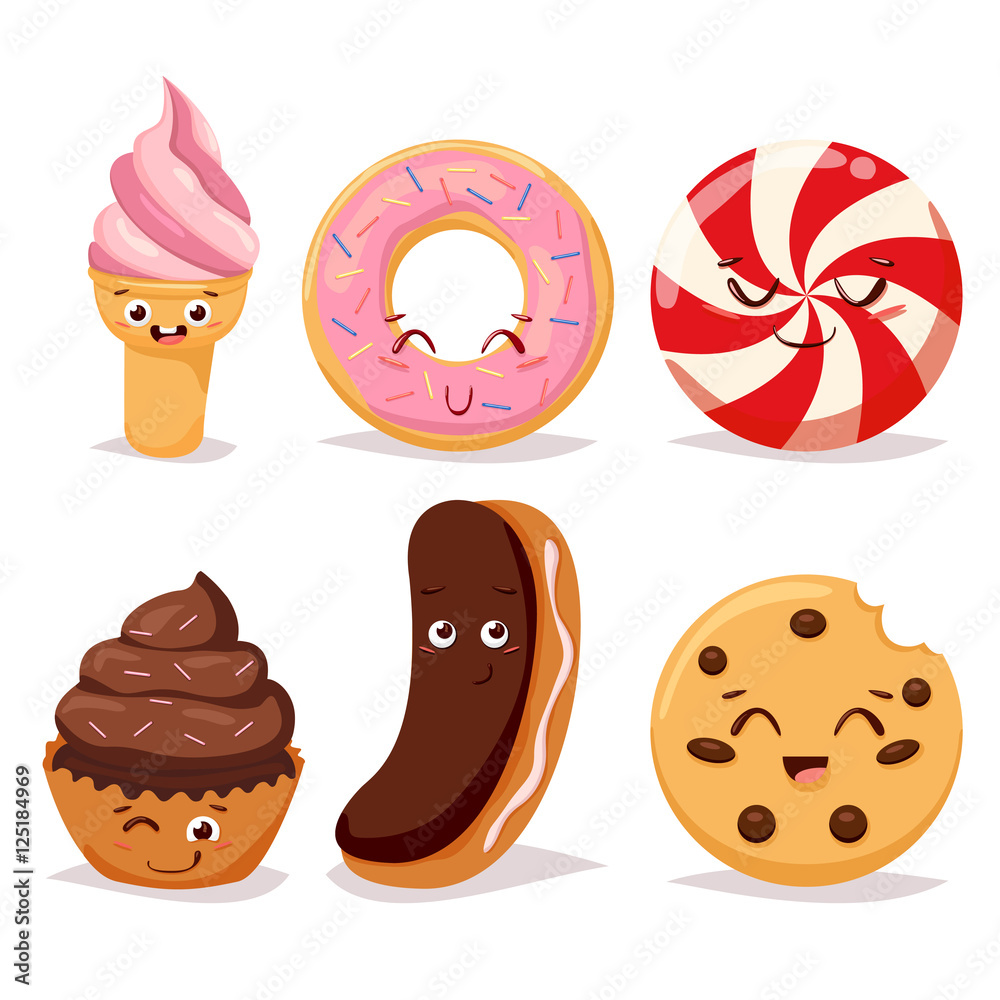 Collection sweets emotion dessert candy and doodle icon, cute cake ...