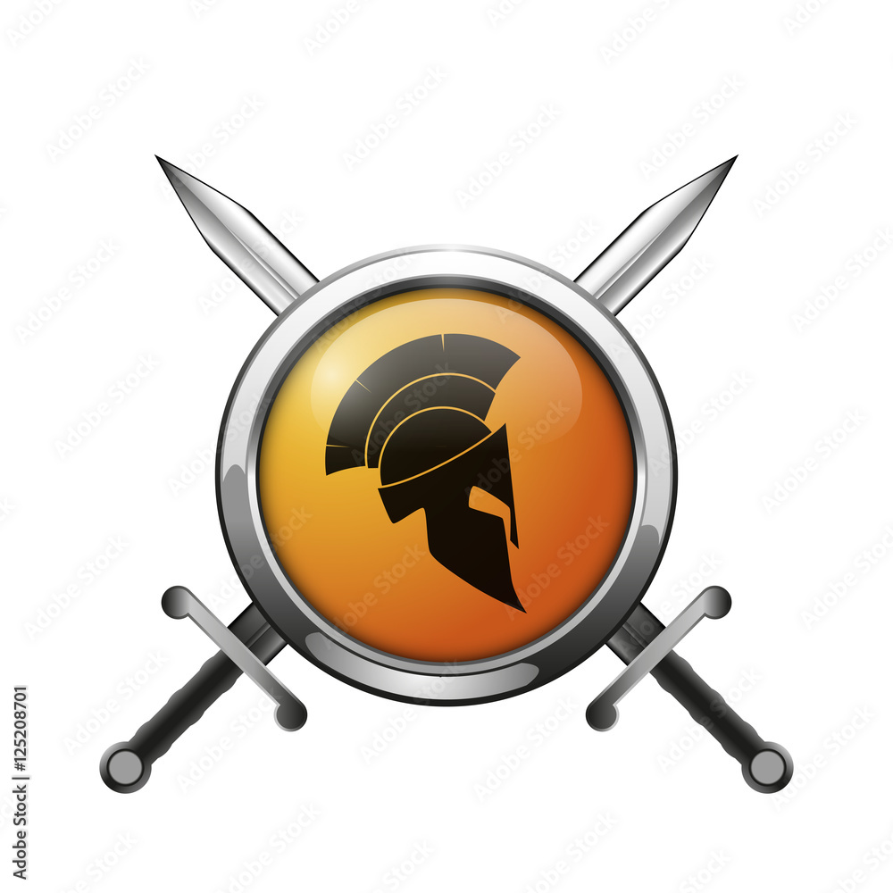 Yellow Spartan shield with helmet, sword, isolated on white, vector ...