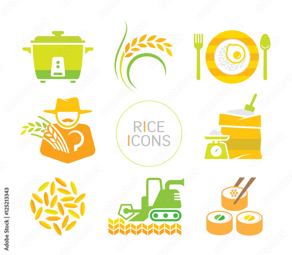 rice icon set. flat decorative symbols on white background. Stock ...