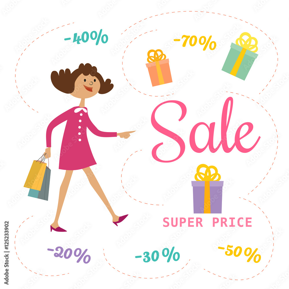 Super sale Concept. Cartoon cute character girl shopping special bonus ...