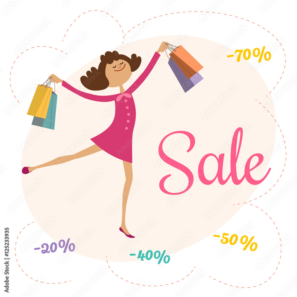 Super sale Concept. Cartoon cute character girl shopping special bonus ...