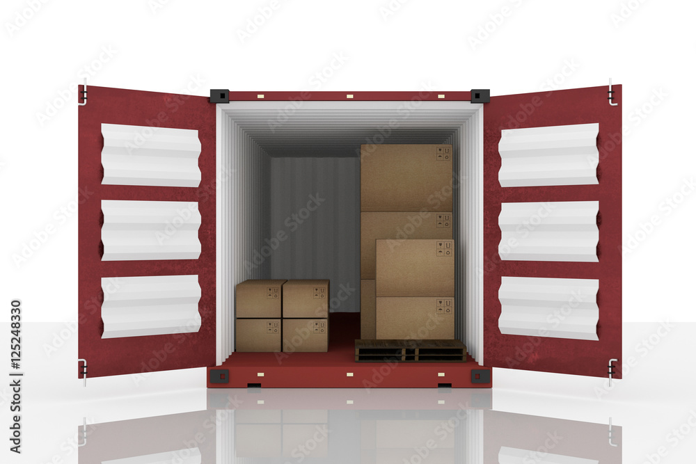 3D rendering : illustration of open red container with cardboard boxes ...