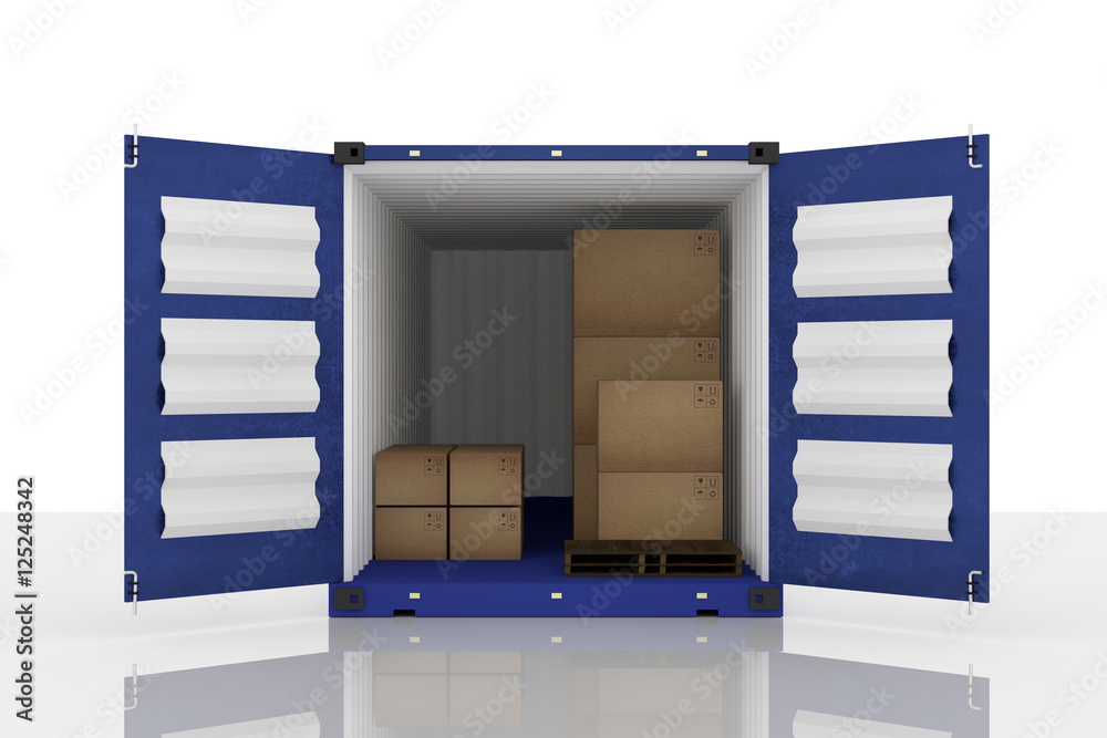 3D rendering : illustration of open blue container with cardboard boxes ...