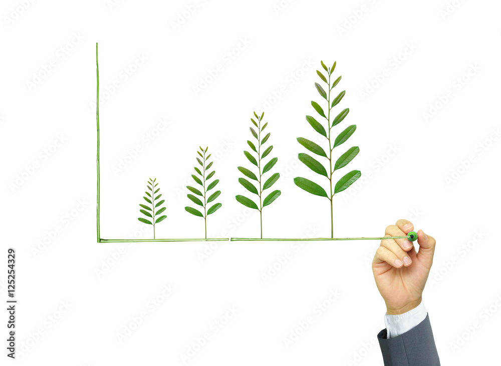 Businessman writing green tree leaves arranged as a growing graph / csr ...