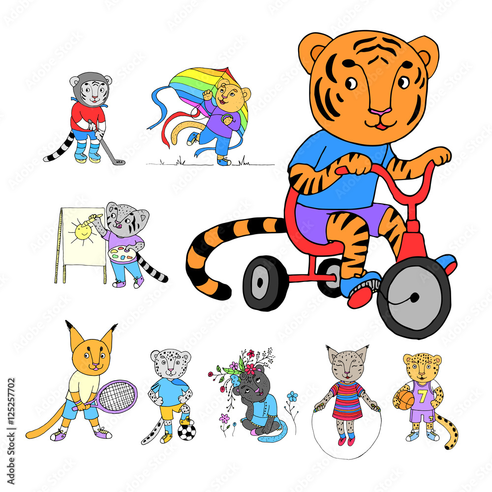 Cute little kittens doodle cartoon set in vector. Funny little kittens ...