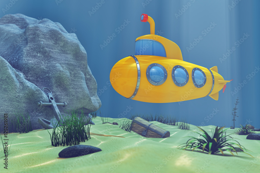 Ocean Underwater World with Cartoon Styled Submarine. 3d Renderi Stock ...