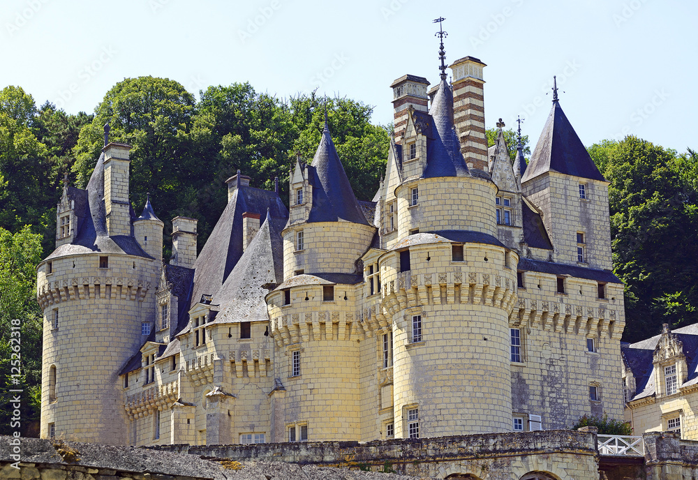 The chateau Usse, castle tower. Castle is located in the Loire Valley ...