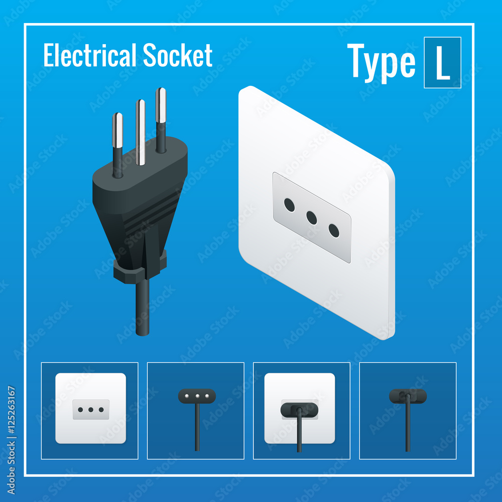 Isometric Switches and sockets set. Type L. AC power sockets realistic ...