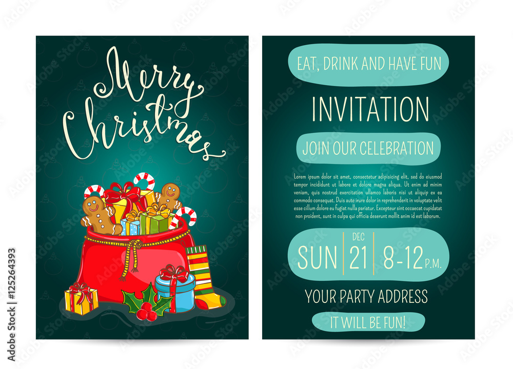 Invitation on Christmas party with date and time. Large Santasack with ...