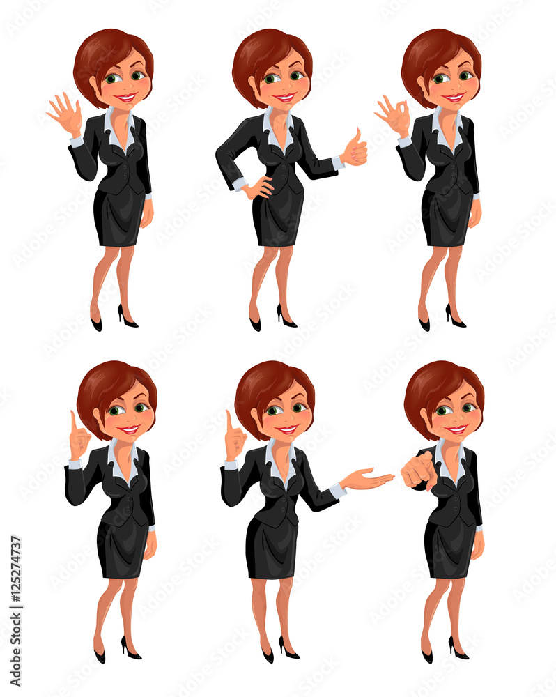 Set of smiling cartoon businesswoman with different gestures: hello, ok ...