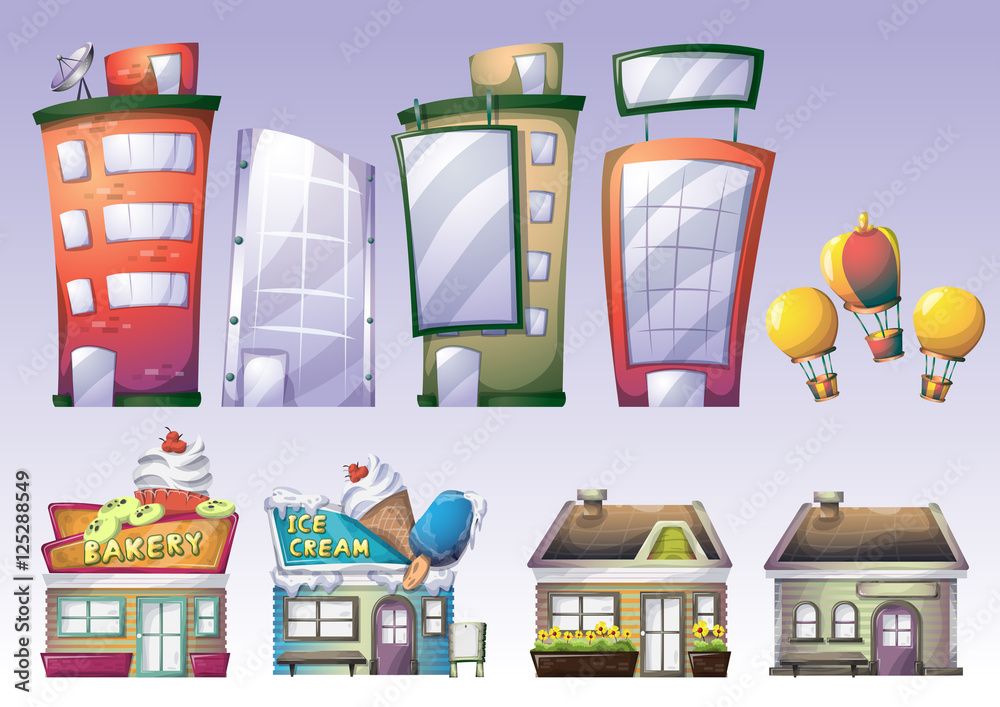 cartoon vector building objects with separated layers for game art and ...