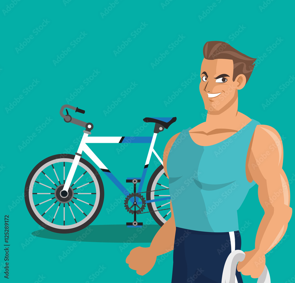 Man cartoon and bike icon. Healthy lifestyle fitness gym and ...