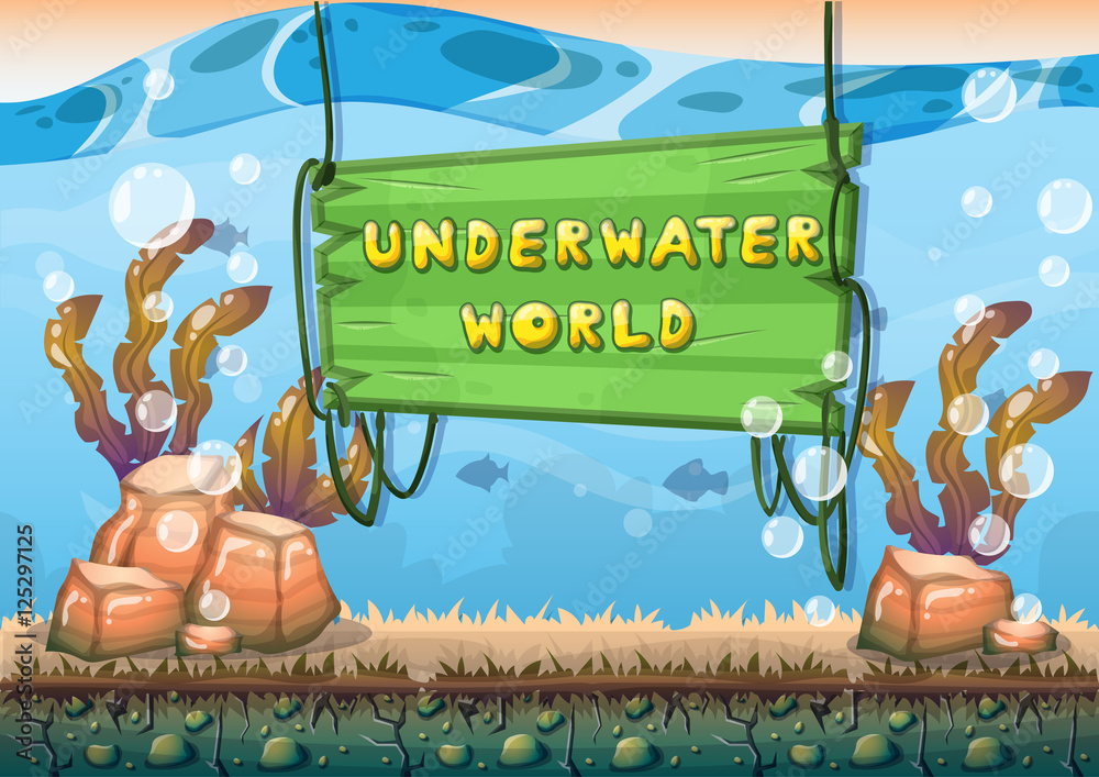 cartoon vector underwater background with separated layers for game art ...