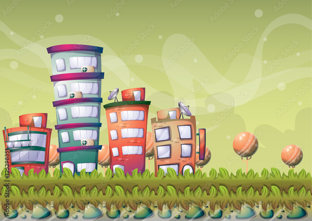 cartoon vector building background with separated layers for game art ...