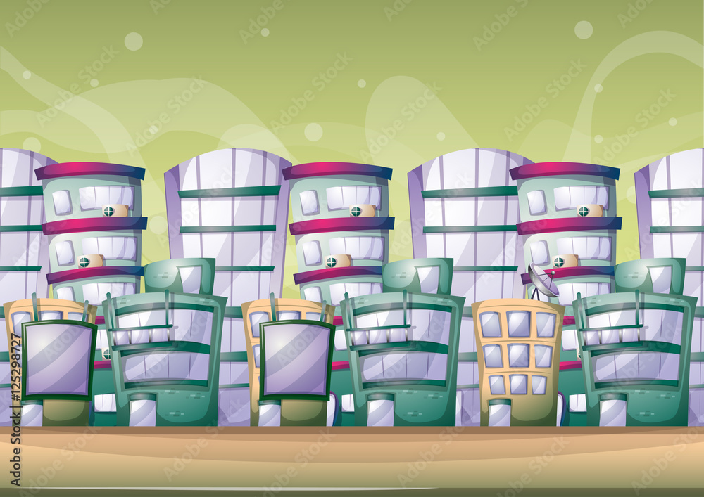 cartoon vector building background with separated layers for game art ...